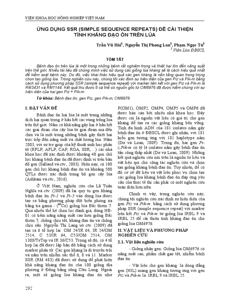 Ứng dụng SSR (Simple Sequence Repeats) để cải thiện tính kháng đạo ôn trên lúa | PDF