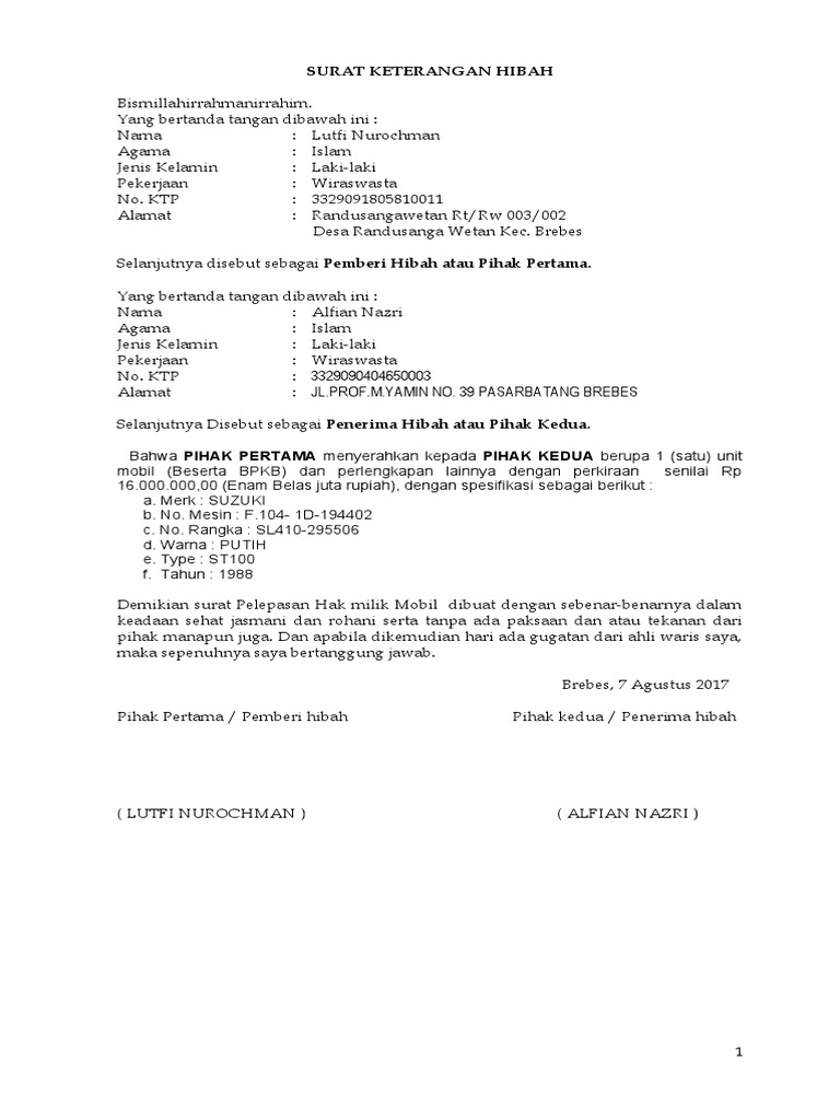 Contoh Format Surat Hibah | PDF | Politik | Hukum