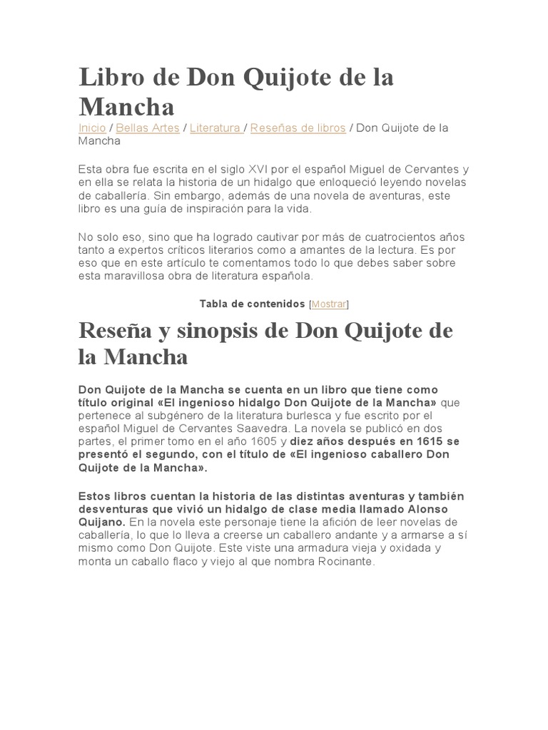 Resumen de Don Quijote de La Mancha | PDF | Don Quijote | Miguel De ...