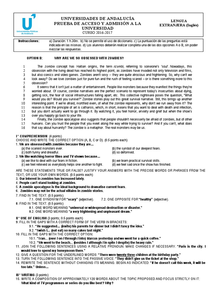 Reserva - B - WHY ZOMBIES Exam UGR | PDF | Zombies | Grammar