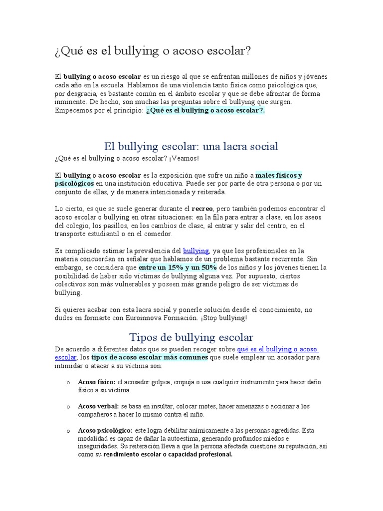 Tipos y Prevención del Bullying Escolar | PDF | Acoso cibernético ...