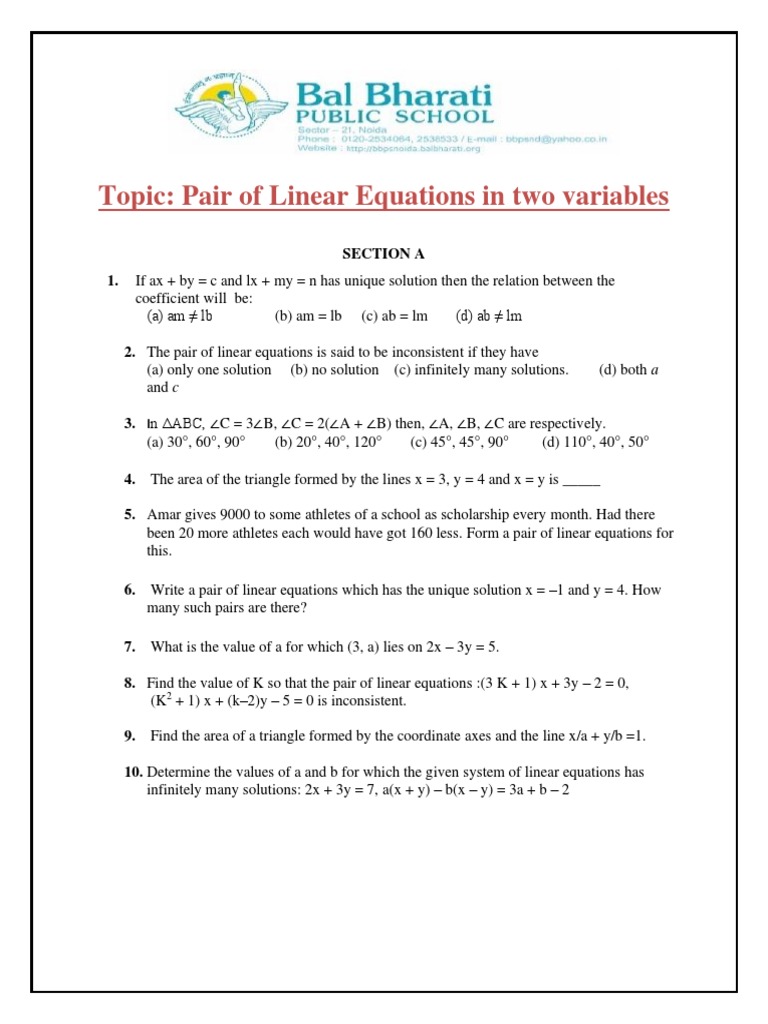 Assignment - Linear Equations | PDF | Equations | System Of Linear ...