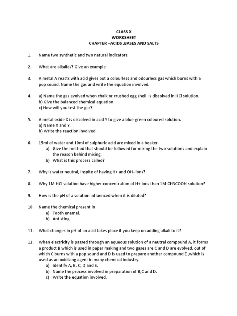 CLASS X acids and bases WORKSHEET (1) | PDF | Oxide | Calcium