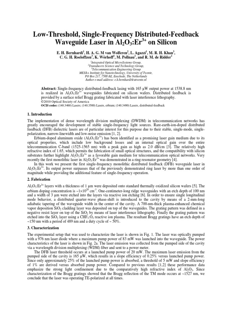 2010 - Low-Threshold, Single-Frequency Distributed-Feedback | PDF | Laser | Wavelength Division ...