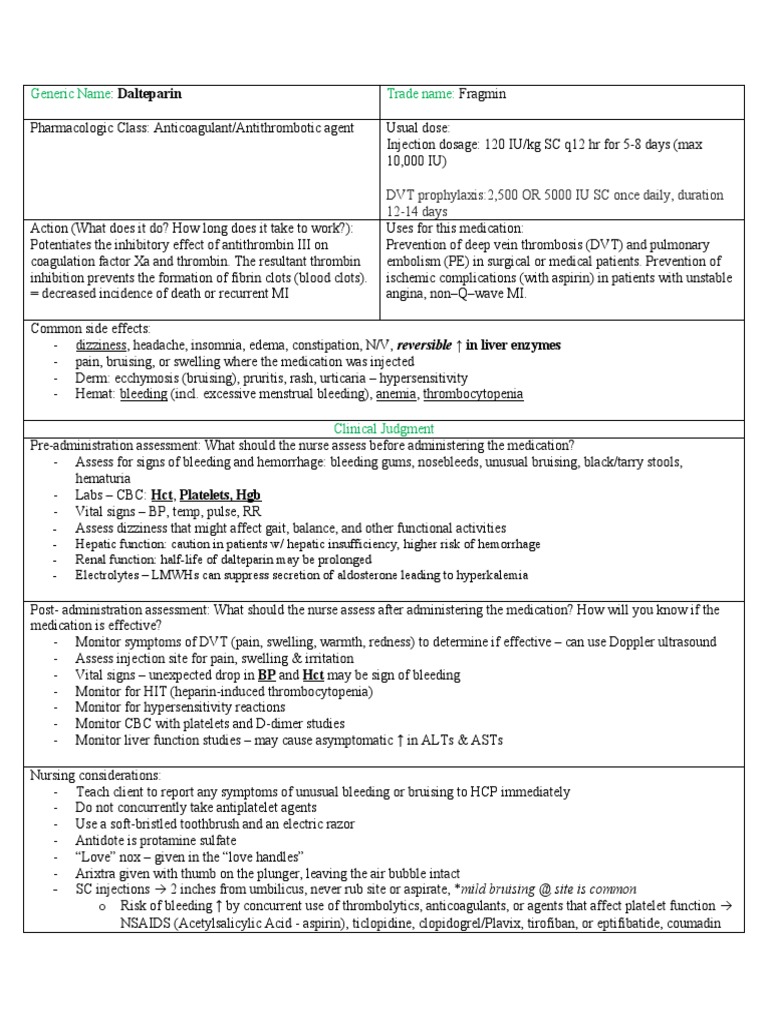 Dalteparin Medication Card | PDF | Thrombosis | Diseases And Disorders