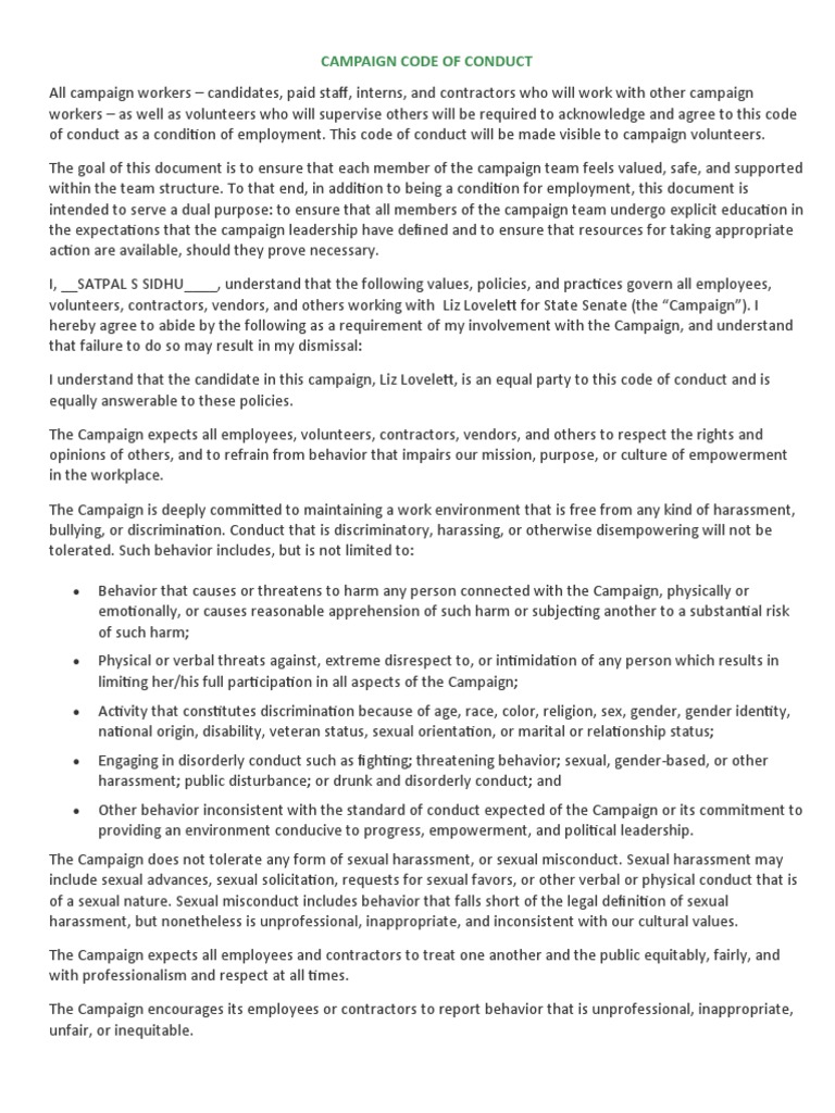 Campaign Code of Conduct Guidelines | PDF | Sexual Harassment | Employment