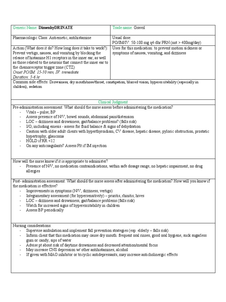 Dimenhydrinate Med Card | Download Free PDF | Nausea | Vomiting