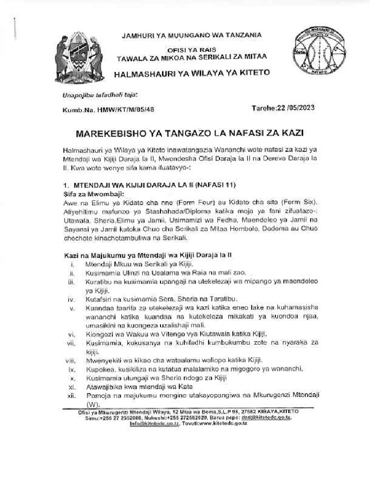 Tangazo La Kazi Kiteto DC | PDF Tangazo La Kazi Kiteto DC | PDF