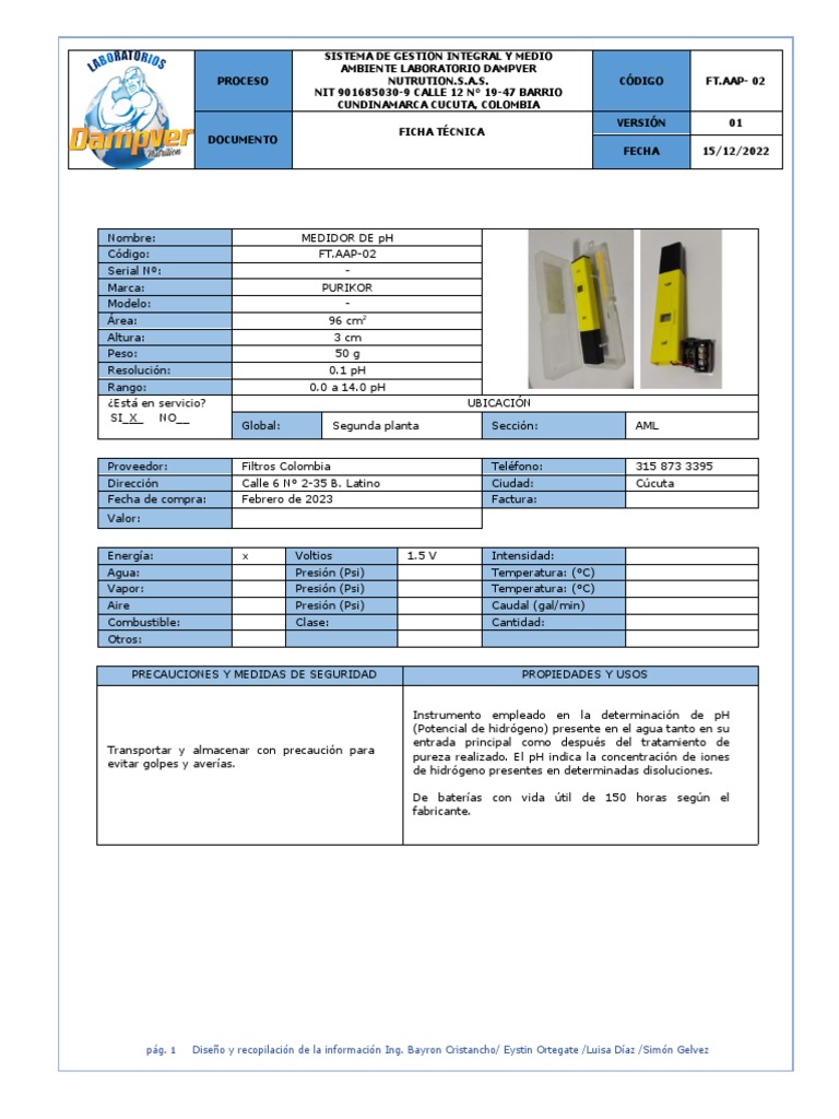 Ficha Técnica del Medidor de pH | PDF | Ph | Calibración
