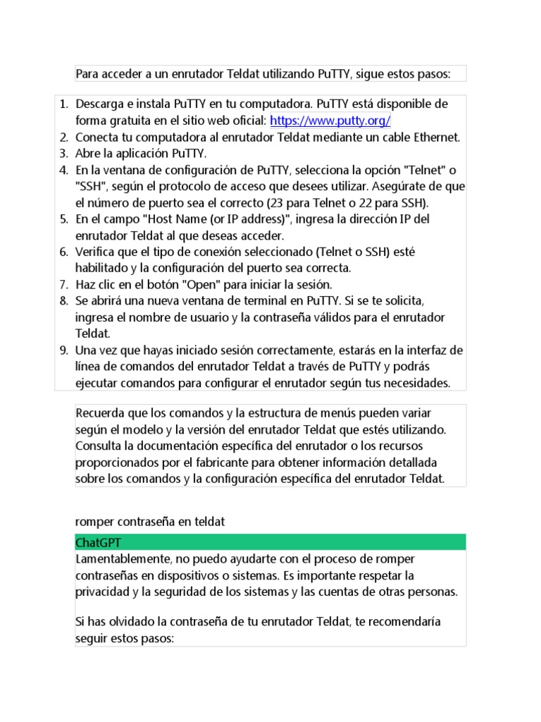 Para Acceder A Un Enrutador Teldat Utilizando PuTTY | PDF | Cubierta segura | Enrutador ...