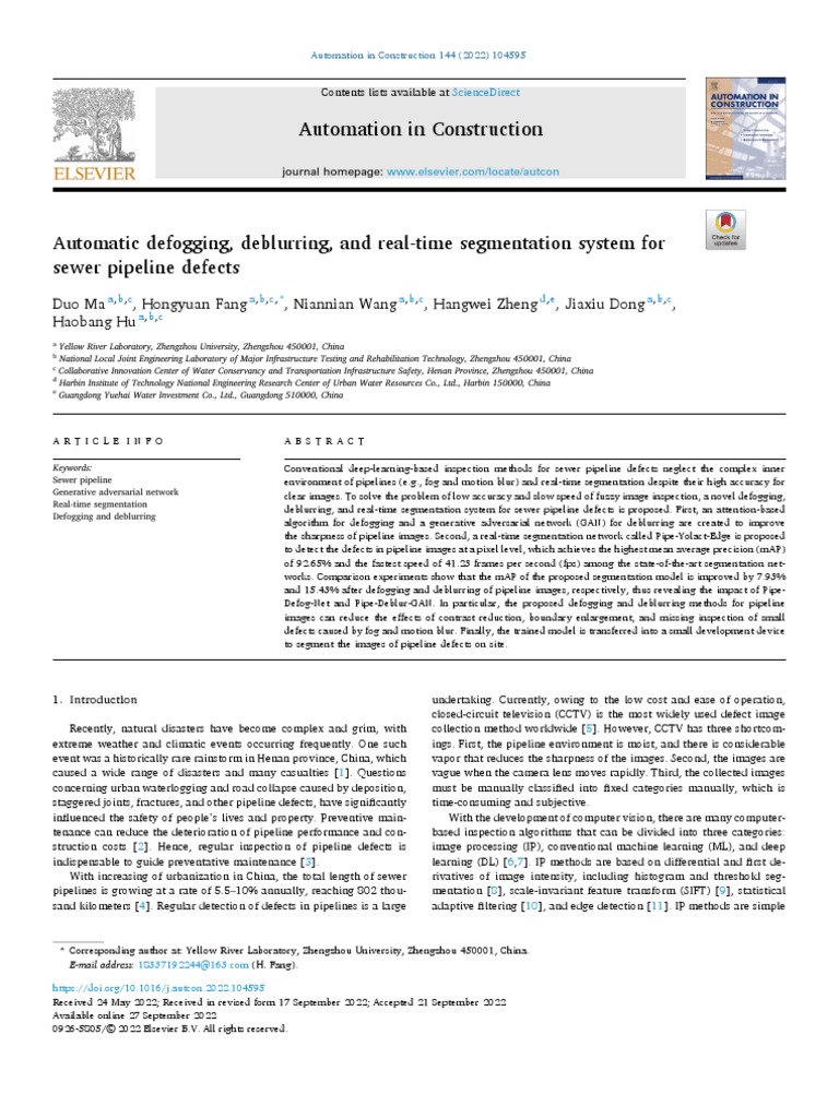Automtic Defogging For Sewer Pipe | PDF | Image Segmentation | Machine Learning