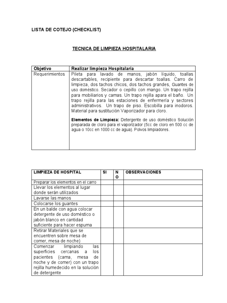 Check List Limpieza | PDF | Detergente | Lavado de manos