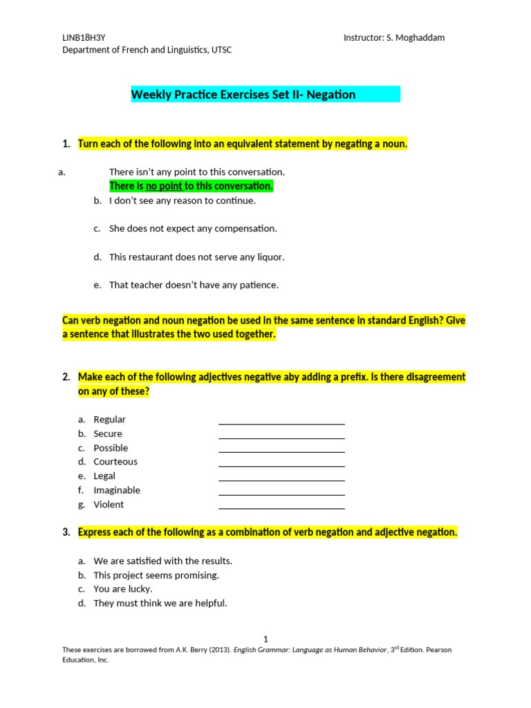 Negation Exercises for English Grammar | PDF | English Language | Phrase