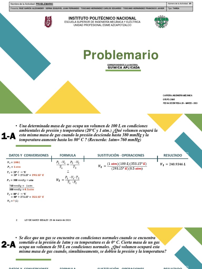 Problemario Ley de Gases | PDF | Gases | Temperatura