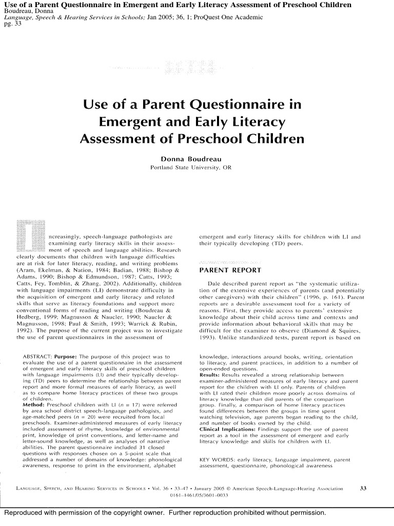 Parent Questionnaire for Literacy Assessment | PDF