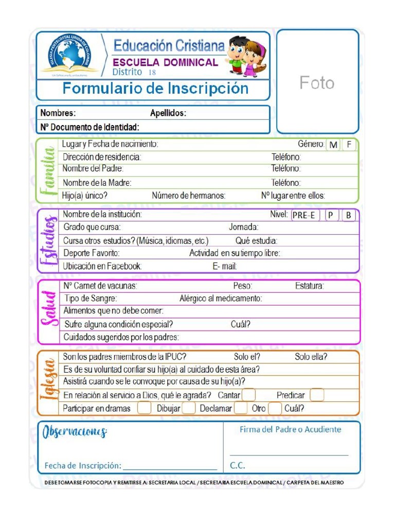 FORMATO INSCRIPCIONES ESCUELA DOMINICAL | PDF