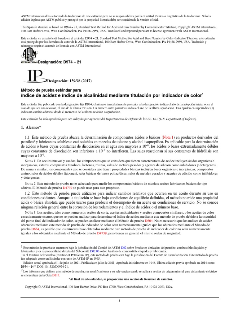 D974 - V21 Método de Prueba Estándar para Índice de Acidez e Índice de ...