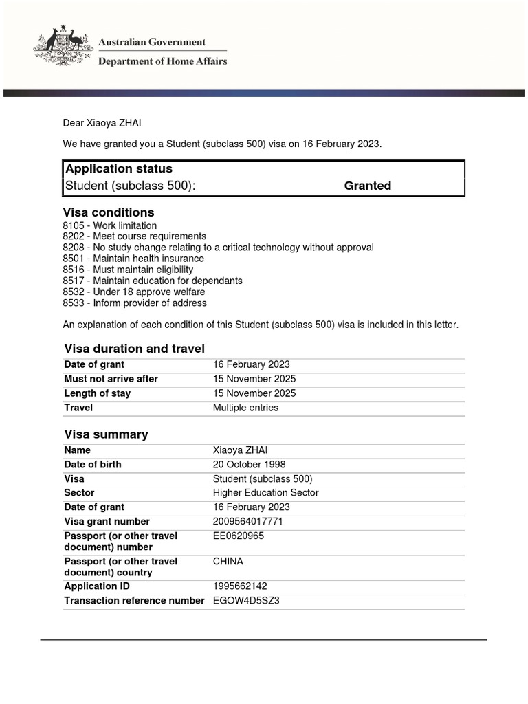 VISA - IMMI Grant Notification | PDF | Travel Visa | Employment