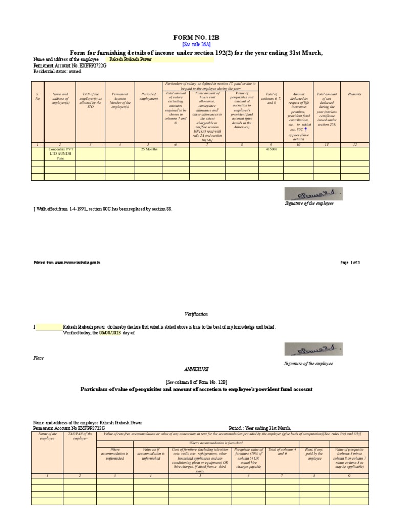 Form No. 12B Form For Furnishing Details of Income Under Section 192 (2 ...
