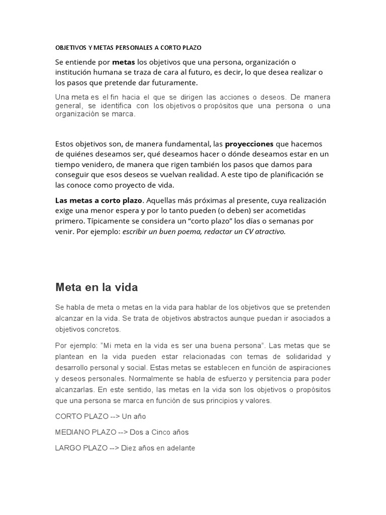 Objetivos y Metas Personales A Corto Plazo | PDF | Planificación ...