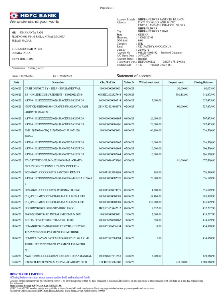 Statement of Account: Date Narration Chq./Ref - No. Value DT Withdrawal ...