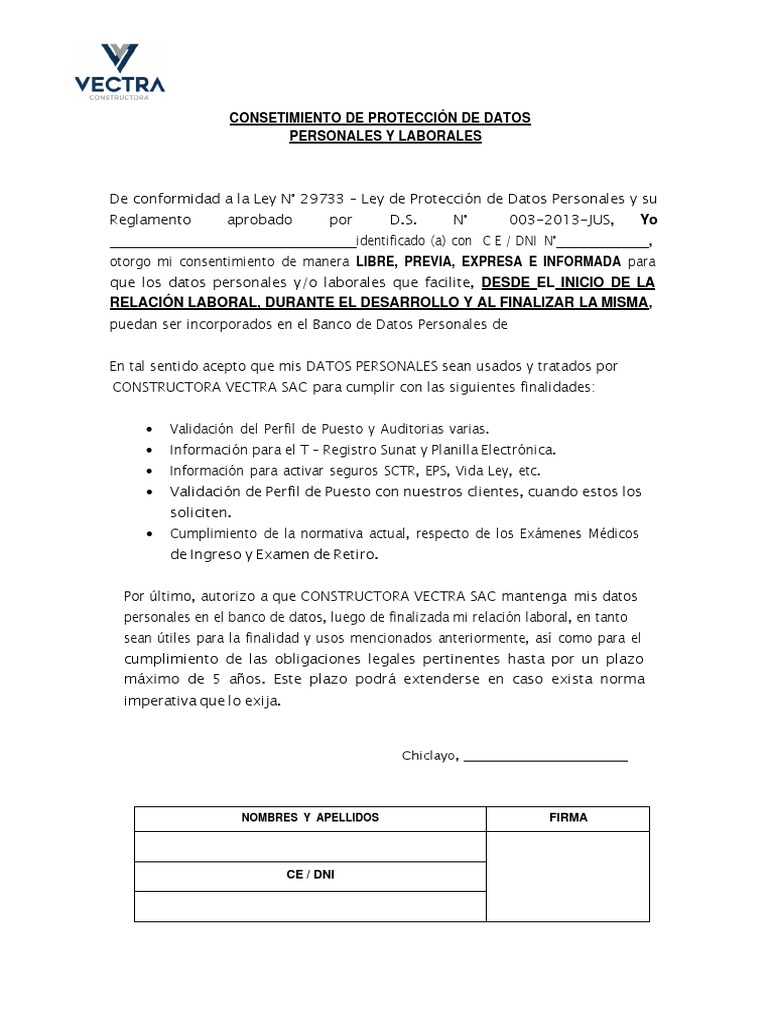 05 - (Obligatorio) - Consentimiento de Protección de Datos Personales y Laborales | PDF