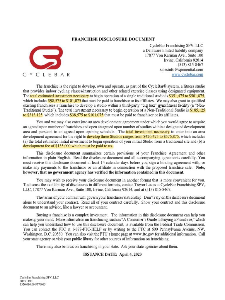 CycleBar - 2023-04-04 - Franchise Disclosure Document | PDF ...