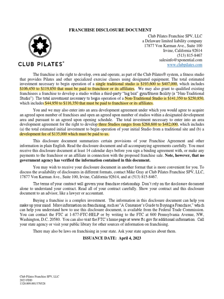 Club Pilates - 2023-04-04 - Franchise Disclosure Document | PDF