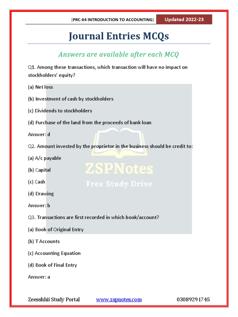 Journal Entries MCQs - PRC-04 Accounting | PDF | Debits And Credits | Money