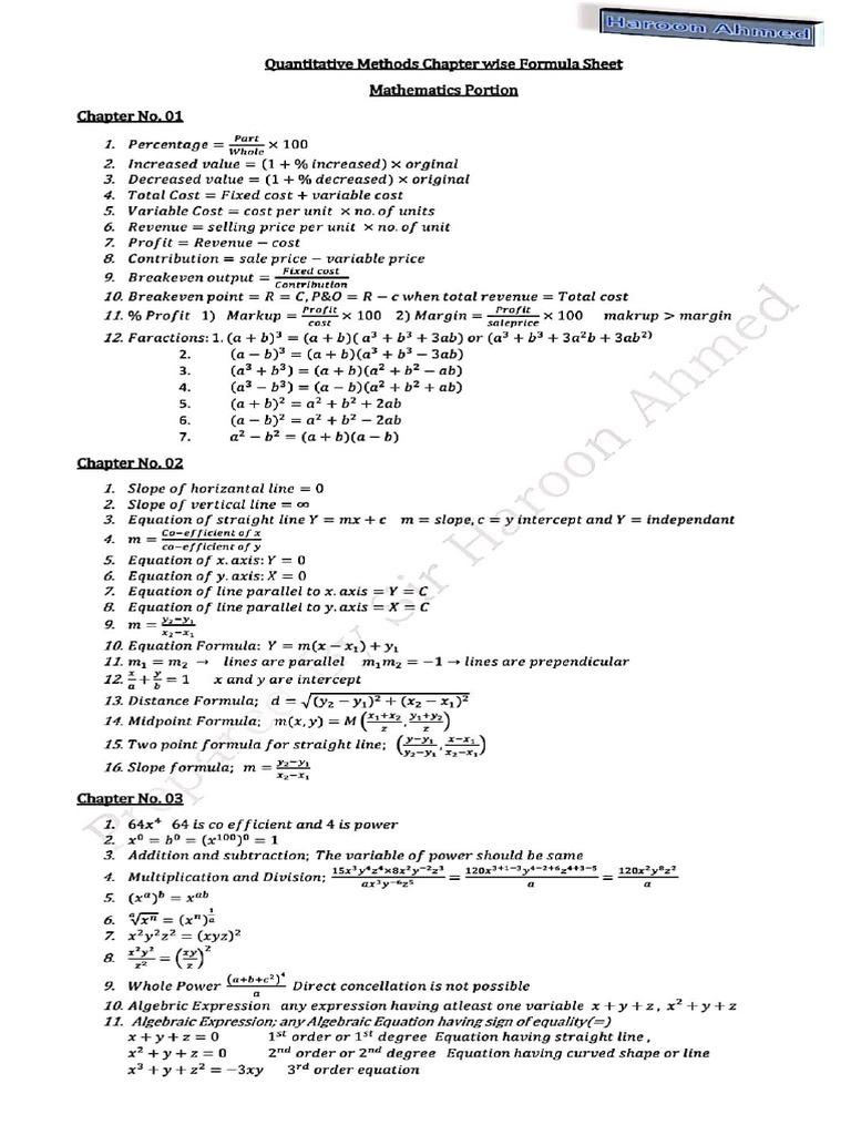 QM formula sheet chapterwise in large size | PDF