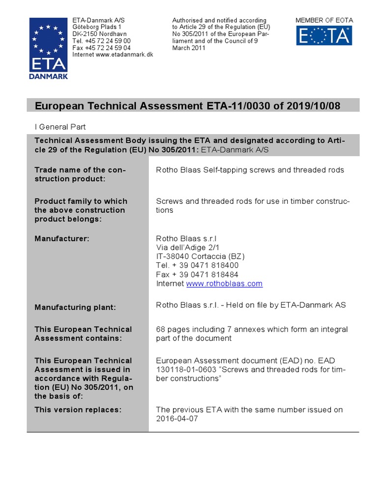 ETA-11/0030: Rothoblaas Screws Assessment | PDF | Screw | Lumber