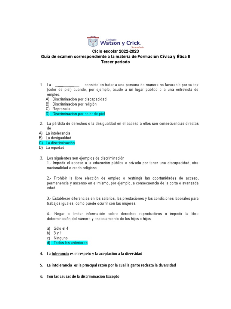 Guia de Estudio para Examen Final Segundo FCE | PDF | Discriminación ...