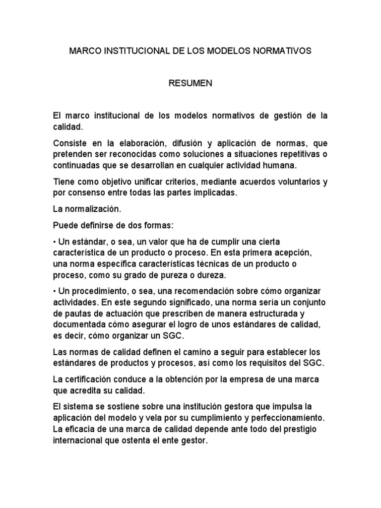 Marco Institucional de Los Modelos Normativos Resumen | PDF | Calidad ...