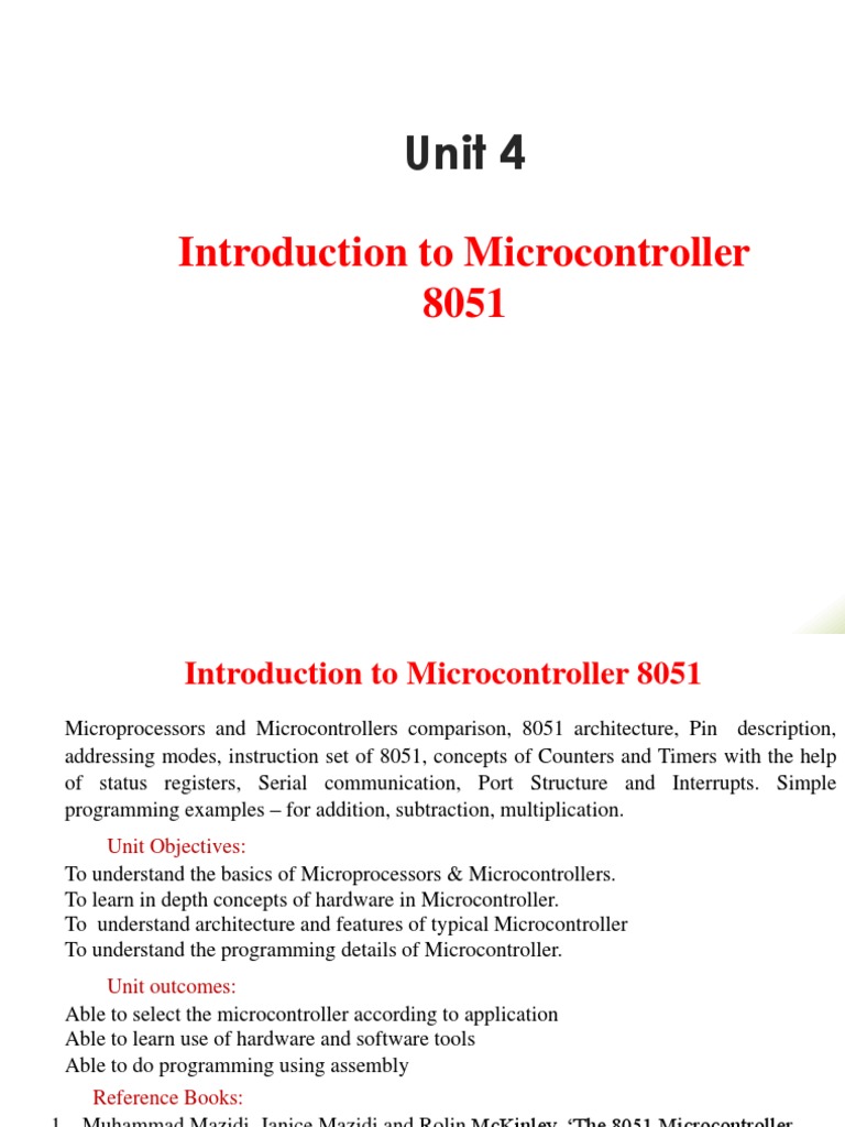 Unit 4 Introduction To Microcontroller 8051a | PDF | Microcontroller | Central Processing Unit