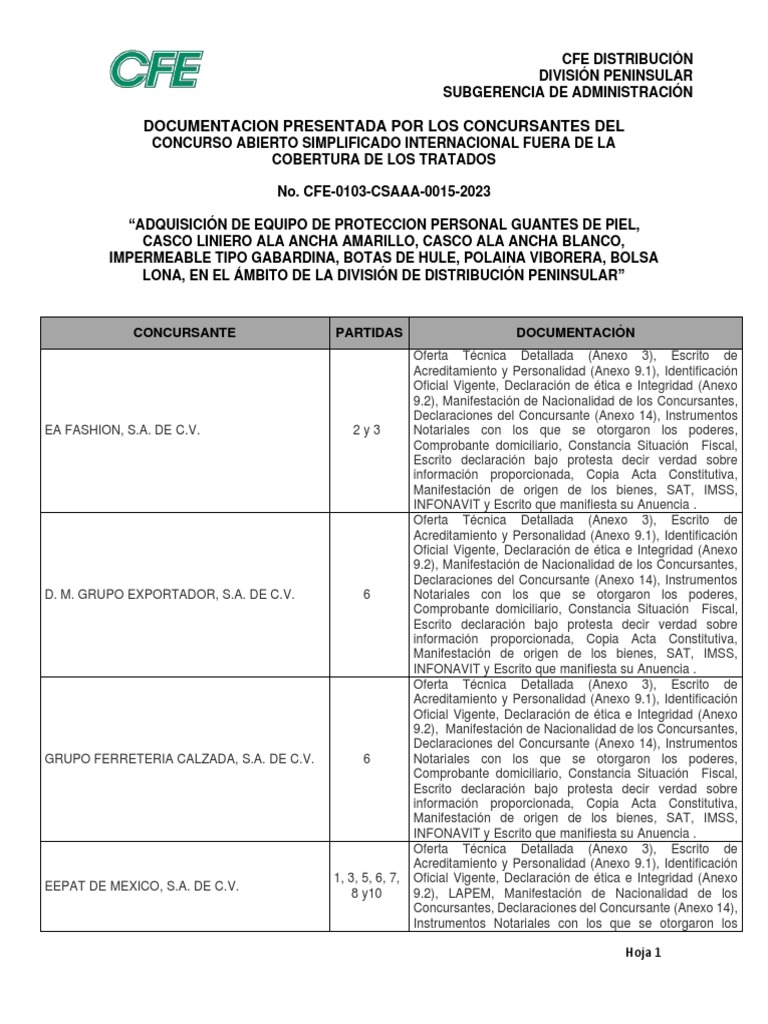 Anexo Documentacion Cfe 0103 Csaaa 0015 2023 | PDF