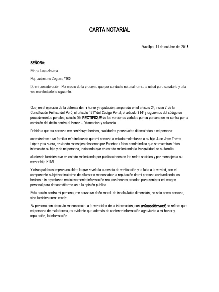 CARTA NOTARIAL Por Difamacion | PDF