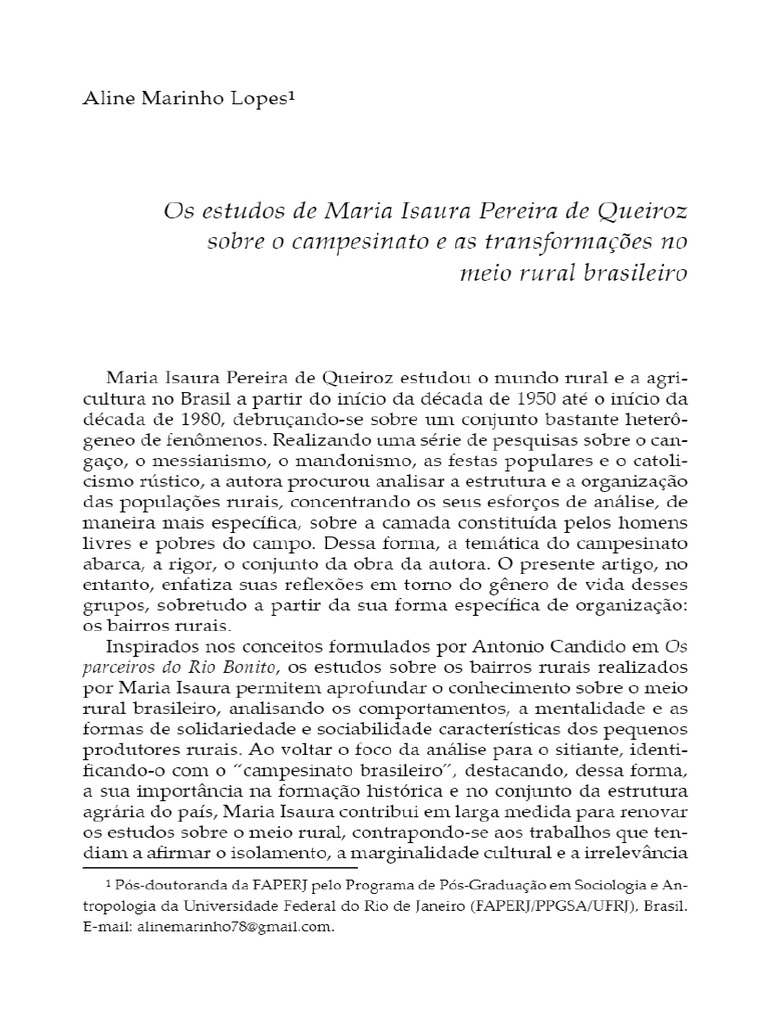 Maria Isaura Pereira de Queiroz sobre o campesinato e as transformações ...