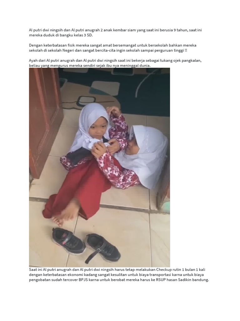 Al Putri Dwi Ningsih Dan Al Putri Anugrah 2 Anak Kembar Siam Yang Saat Ini Berusia 9 Tahun | PDF