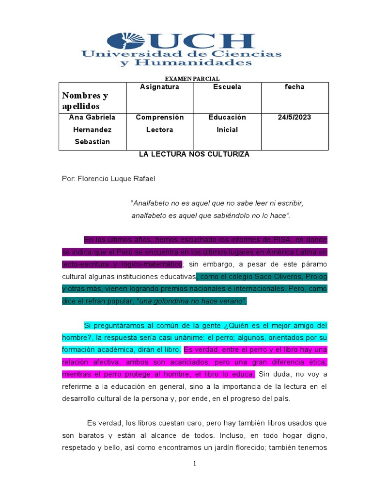 Examen Parcial Uch | PDF | Comprensión lectora