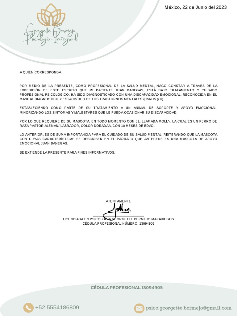 Certificado de Apoyo Emocional para Juan Banegas | PDF