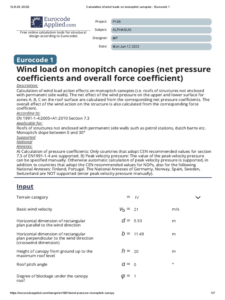 Calculation of Wind Loads On Monopitch Canopies - Eurocode 1 | PDF ...