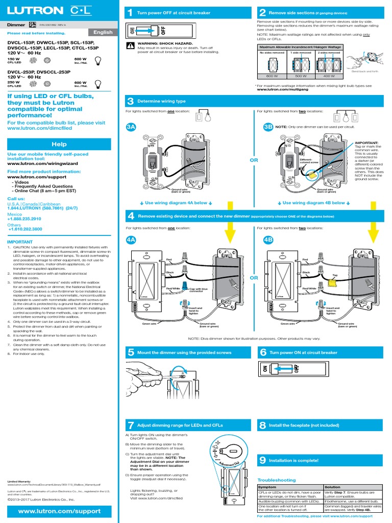 Installation Instructions For Lutron DVCL-153P Dimmer | PDF | Compact Fluorescent Lamp ...