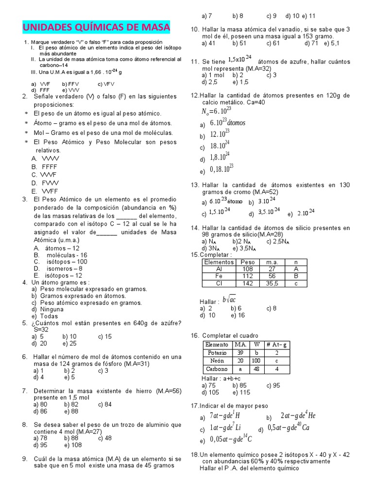 Ejercicios de Química: Masa y Moles | PDF | Mole (Unidad) | Cloro