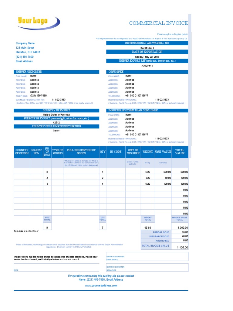Commercial Invoice Template | PDF | Value Added Tax | Customs