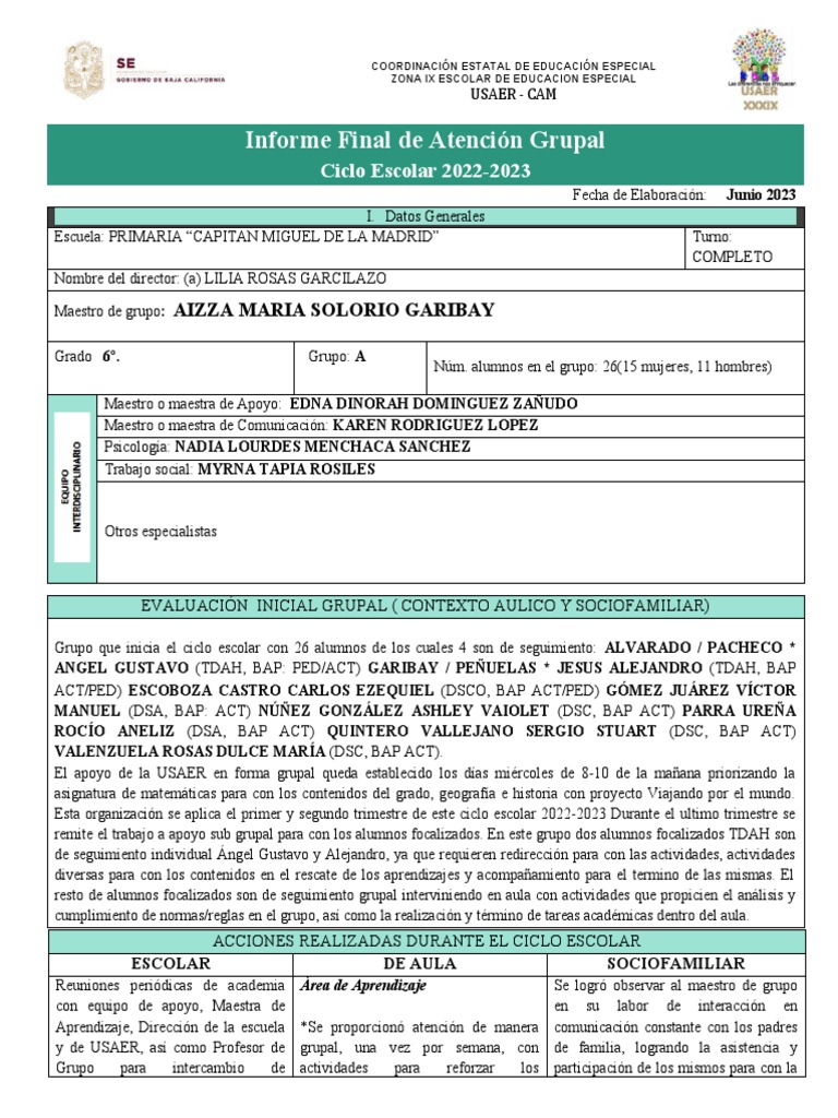 6to. A INFORME FINAL GRUPAL 2023 | PDF | Salón de clases | Enseñando