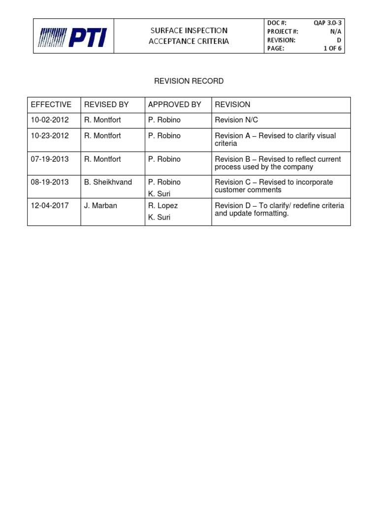 QAP 3.0 3 Surface Inspection Acceptance Criteria | PDF | Corrosion | Materials Science