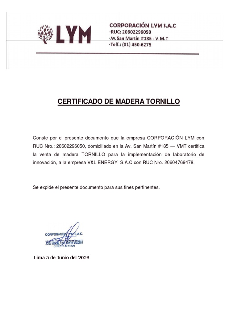 Certificado de Madera Tornillo | PDF