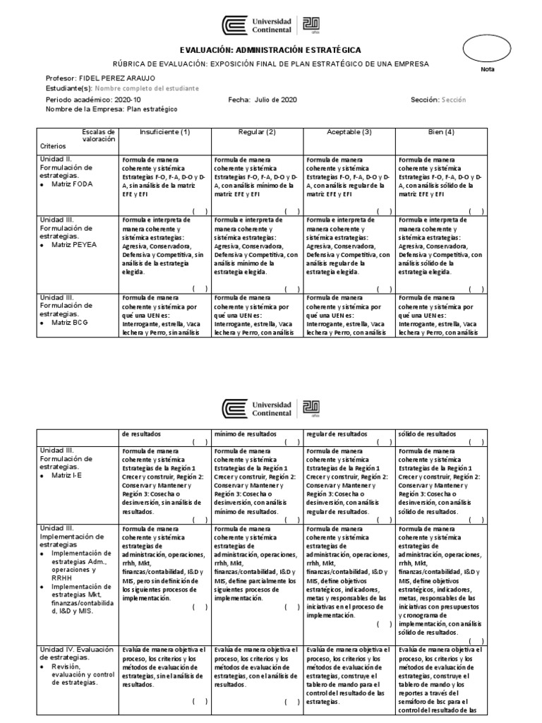 Rúbrica Eval. Final Adm Estrateg 2021-10 | PDF | Economias | Business