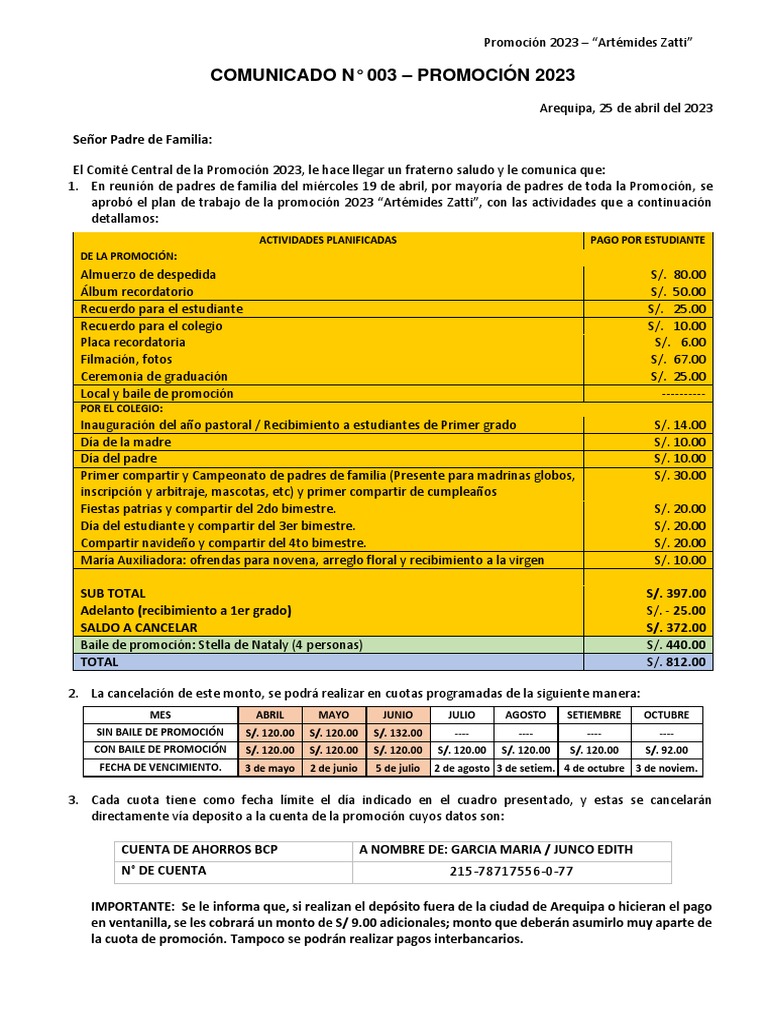 Comunicado 3 Promocion 2023 | PDF