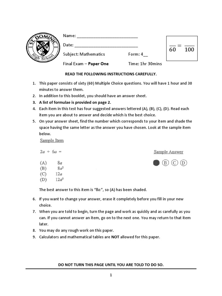 Form 4 - Final Test - Paper1 | PDF | Set (Mathematics) | Area